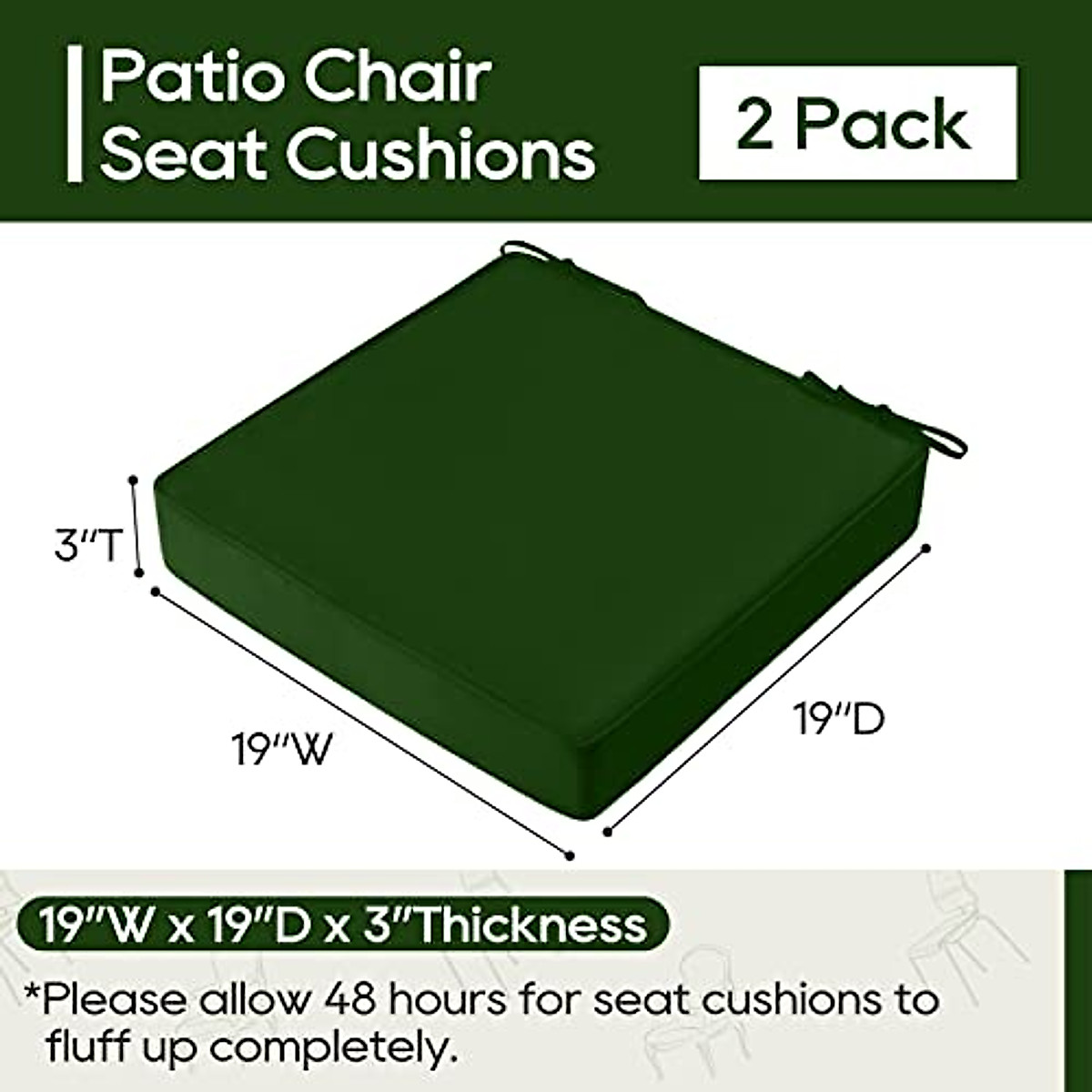 LOVTEX 19x19 Outdoor Chair Cushions Set of 2, Waterproof Patio Cushions for Outdoor Furniture, Thick Outdoor Seat Cushions for Chairs with Straps and Portable Handle(Forest Green)