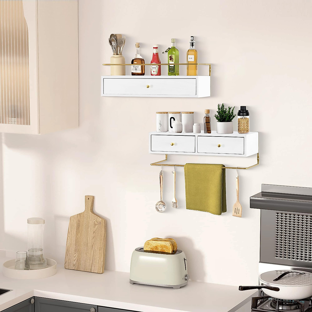 dreampossible Floating Shelves for Wall Storage, Wall Mounted Bathroom Shelf with Drawers Set of 2, Rustic Wood Floating Drawers for Living Room, Kitchen, Wall Decor, Plants, Books