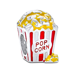 Movie Lover Pop Corn Bucket Multi Color Words Popcorn Charm Bead For Women Teen Enamel .925 Sterling Silver Fits European Bracelet