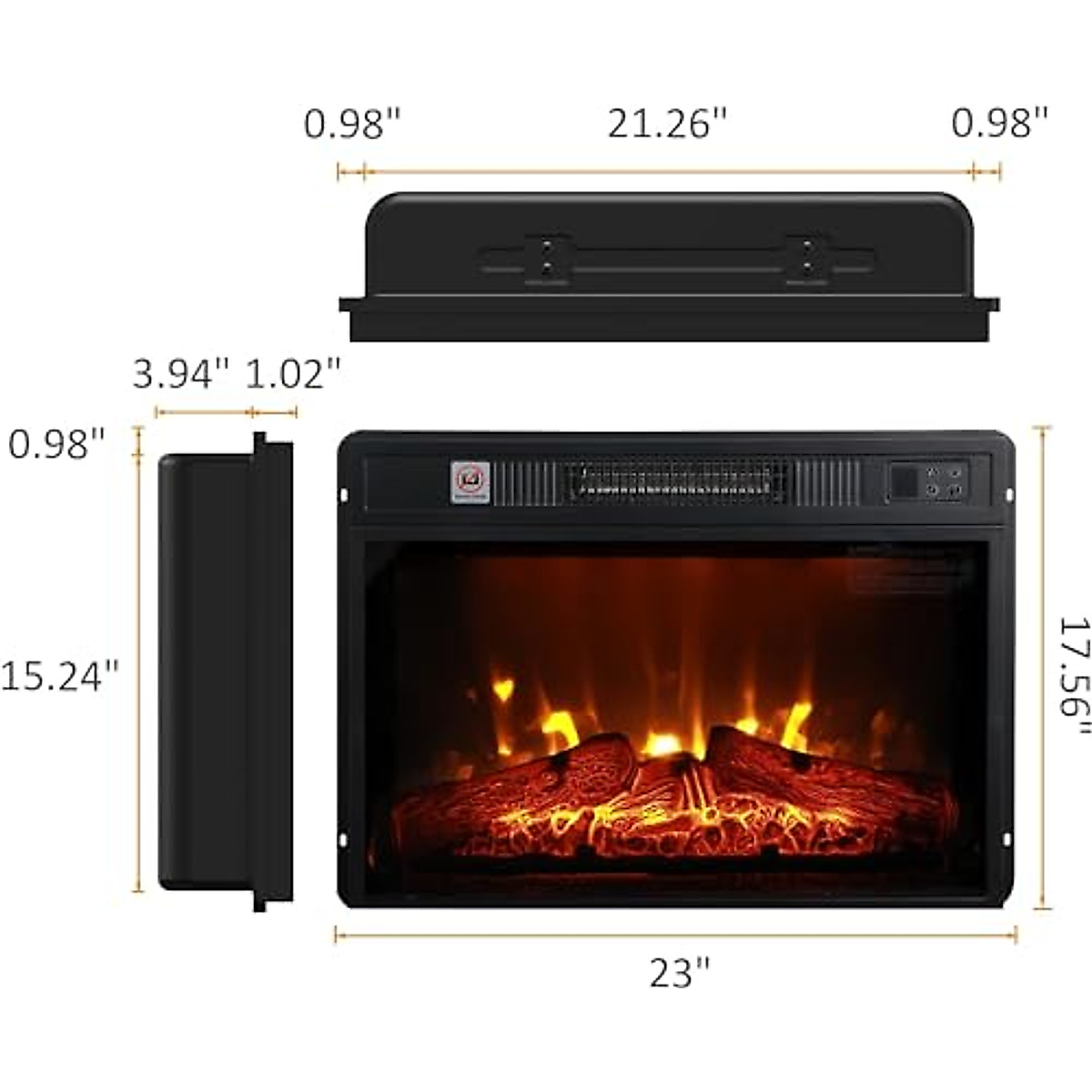 LGHM 23" Electric Fireplace, 3DInfrared Black Fireplace Electric Insert Heater, with Wireless Remote Control, Glass View, Adjustable Realistic Logs & Flames, Indoor, 1400w