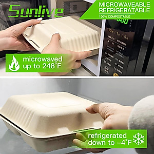 Sunlive 100% Home Compostable 50 Pack Disposable Clamshell Take Out Food Containers, 8X8'' 1-Compartment to go Containers, Heavy-Duty to go Boxes, Eco-Friendly Biodegradable, Made of Sugarcane Fibers