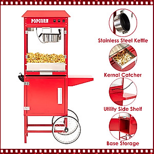 Gravee Commercial Popcorn Machine Cart, Popcorn Maker Machine [Professional][ 8 Oz ]Popcorn Machine with Stand With 8 Oz Kettle Makes Up to 60 Cups, With Lockers for Home Movie Theater Style…