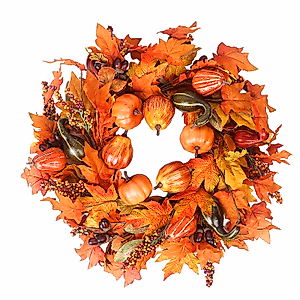 24 Inch Fall Wreath for Front Door Outside, Fall Door Wreaths for Front Door Outside with Pumpkin, Maple, Acorn and Grain, Artificial Autumn Wreaths for Harvest Halloween Thanksgiving Décor