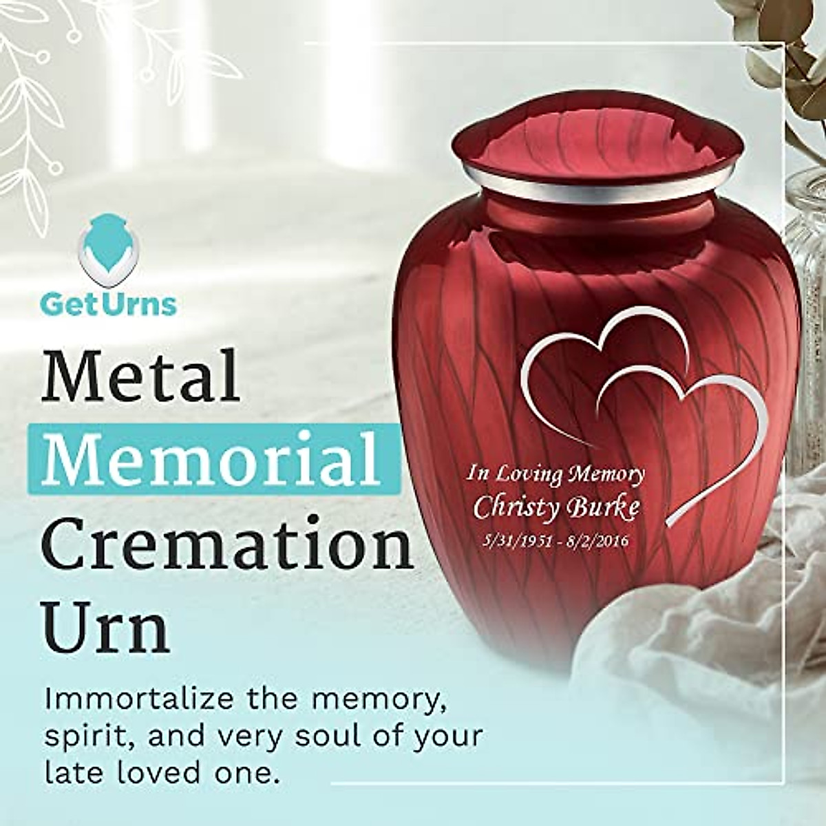 GetUrns - Embrace Hearts Urns for Human Ashes, Cremation Urns for Adult Ashes Men & Women, Cremation Urn for Home, Vault, or Niche, 200 cu. in, Double-Sided Engraving, Pearl Candy Red