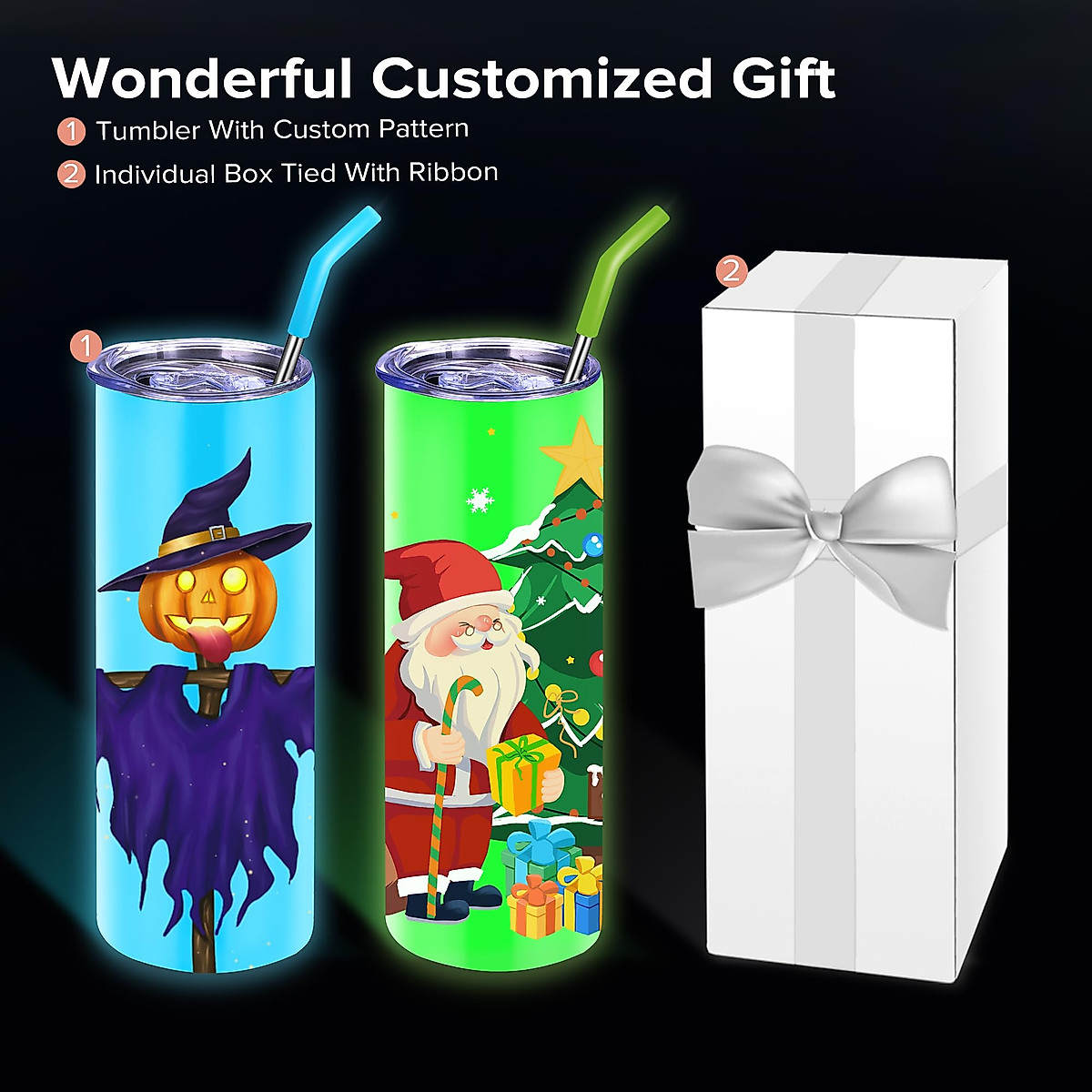 FASTSUB 24 Pack Sublimation Tumblers 20 oz Blank Bulk Luminous Cups Glow in the Dark Straight Double Wall Vacuum Insulated with Lids and Straws for Tumbler Heat Press Glow Green Glow Blue