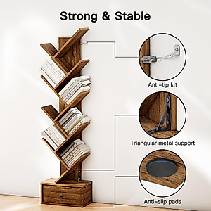 Pipishell Bookshelf with Drawer, 8-Tier Vertical Tree Bookshelf, Modern Bookcase, Modern Book Storage, Book Shelf Organizer for Living Room, Bedroom, Home Office, Rustic Brown, PIBS03WN