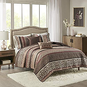 Madison Park Quilt Set Luxurious Jacquard Stripes Design - All Season, Coverlet Bedspread Lightweight Bedding Layer, Shams, Decorative Pillow, Full/Queen(90"x90"), Floral Red 5 Piece