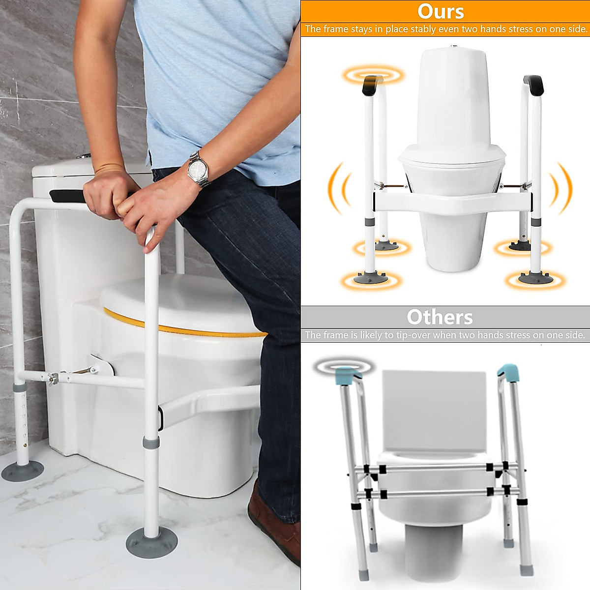 Toilet Safety Rails Frame for Elderly with Handles Stand Alone Bathroom Assistance Grab Bars Arms for Seniors, Handicap, Disabled, Width & Height Adjustable, Fit Any Toilet