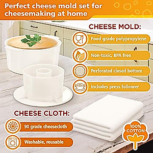 Grand Way Cheese Mold with a Follower and Cheesecloth – Cheese Making Kit – Cheesemaking Supplies – Cheese Set for Press – Reusable Cheesecloth – 100% Cotton Cloth for Straining – Paneer Maker