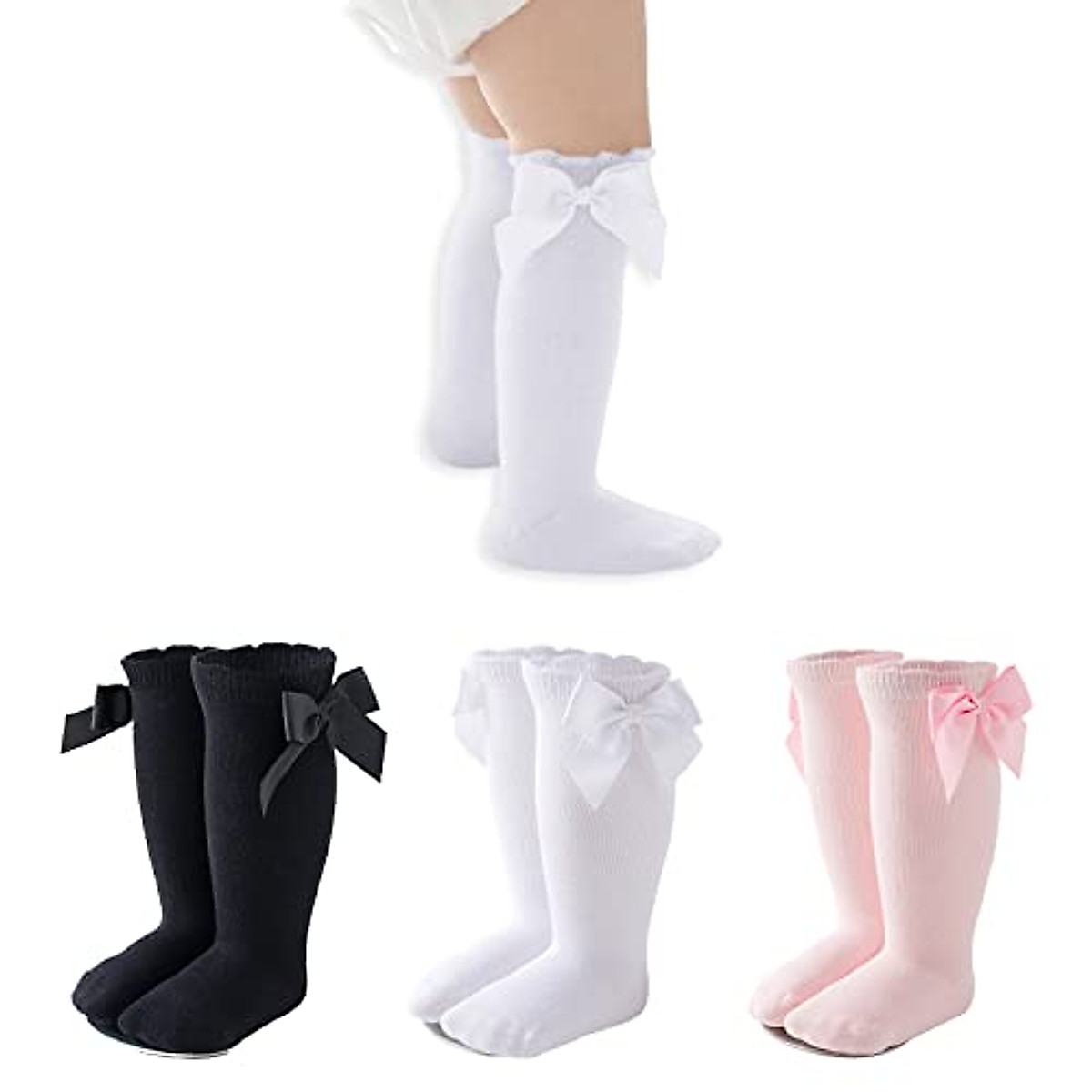 Mini angel Baby Girl Knee High Socks 3 Pairs Cotton Knit Tube Ruffled Long Stockings with Bow for Infant Toddler (Black White Pink 3pk, 6-12Months)