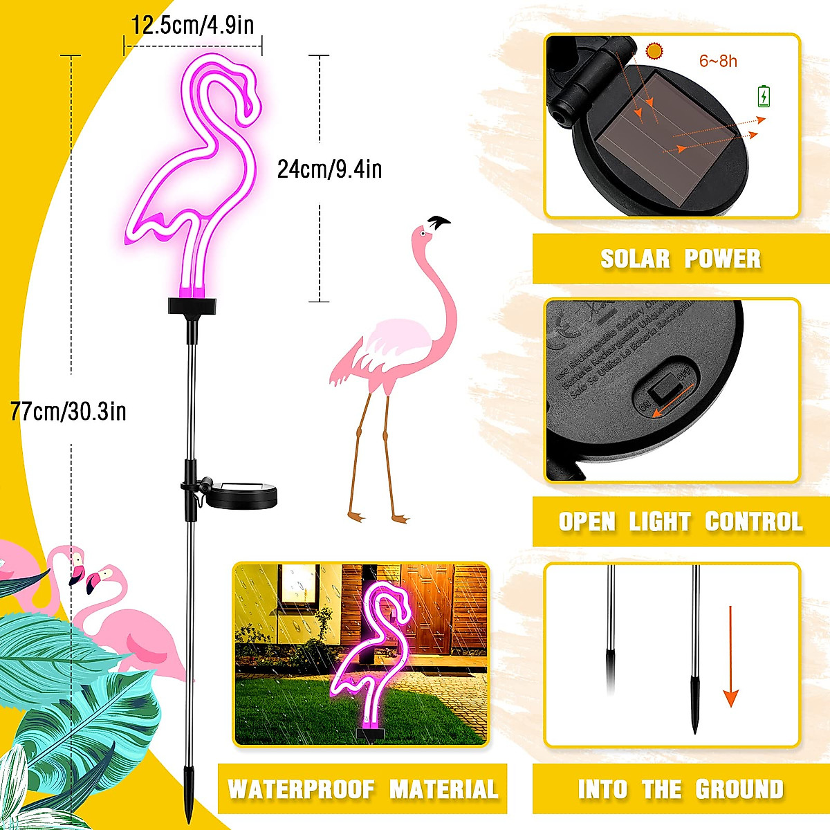 Hortsun 2 Pack Flamingo Solar Lights Outdoor Flamingo Neon Light Yard Flamingos Pink Flamingo Waterproof Decorations Flamingo Lights for Garden Patio Yard Pathway Decoration