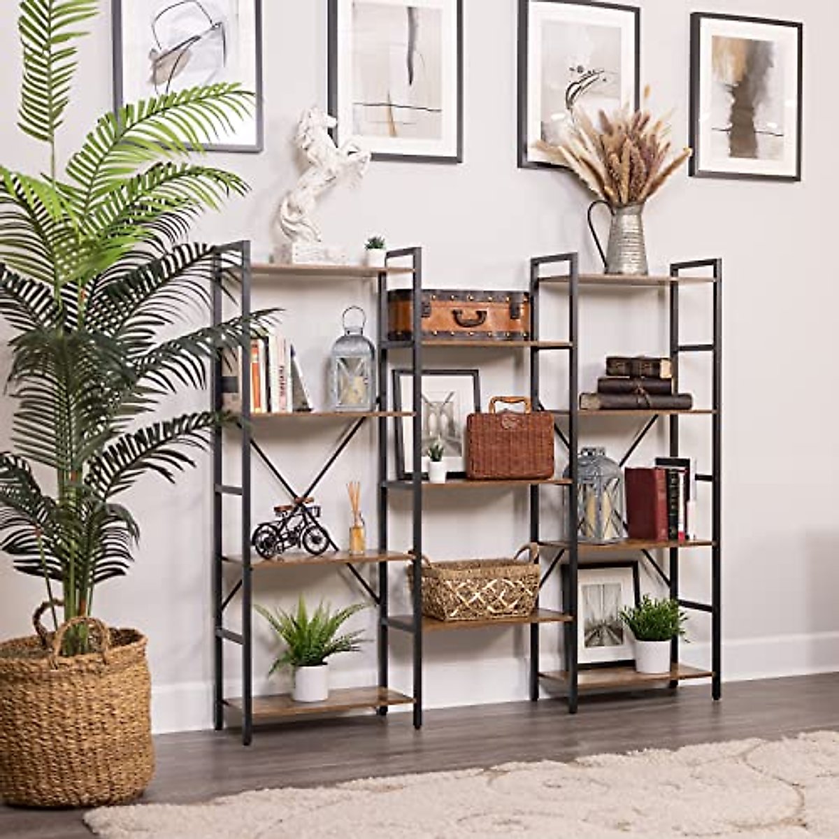 SUPERJARE Triple 4 Tier Bookshelf, Bookcase with 11 Open Display Shelves, Wide Book Shelf Book Case for Home & Office, Rustic Brown
