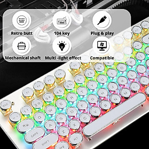 Retro Mechanical Gaming Keyboard Rainbow Backlit , Punk Vintage StyleDustproof Mechanical Ergonomic Keyboard with 104 Keys for Computer Game Enthusiasts Home Office Use