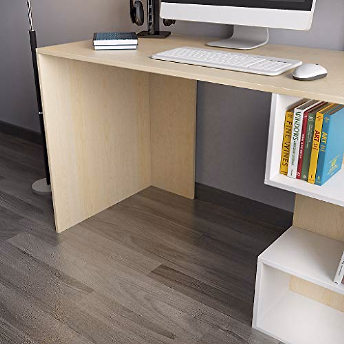Modern Simplify Home Study Computer Desk with Bookshelf Board Khaki for Living Room Office Study Room