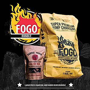 FOGO Super Premium Hardwood Lump Charcoal, Natural Large Sized Lump Charcoal, 17.6 Pound Bag and FOGO Barrel Proof Bourbon Barrel Blocks, 2 Pound Resealable Bag, Bundle