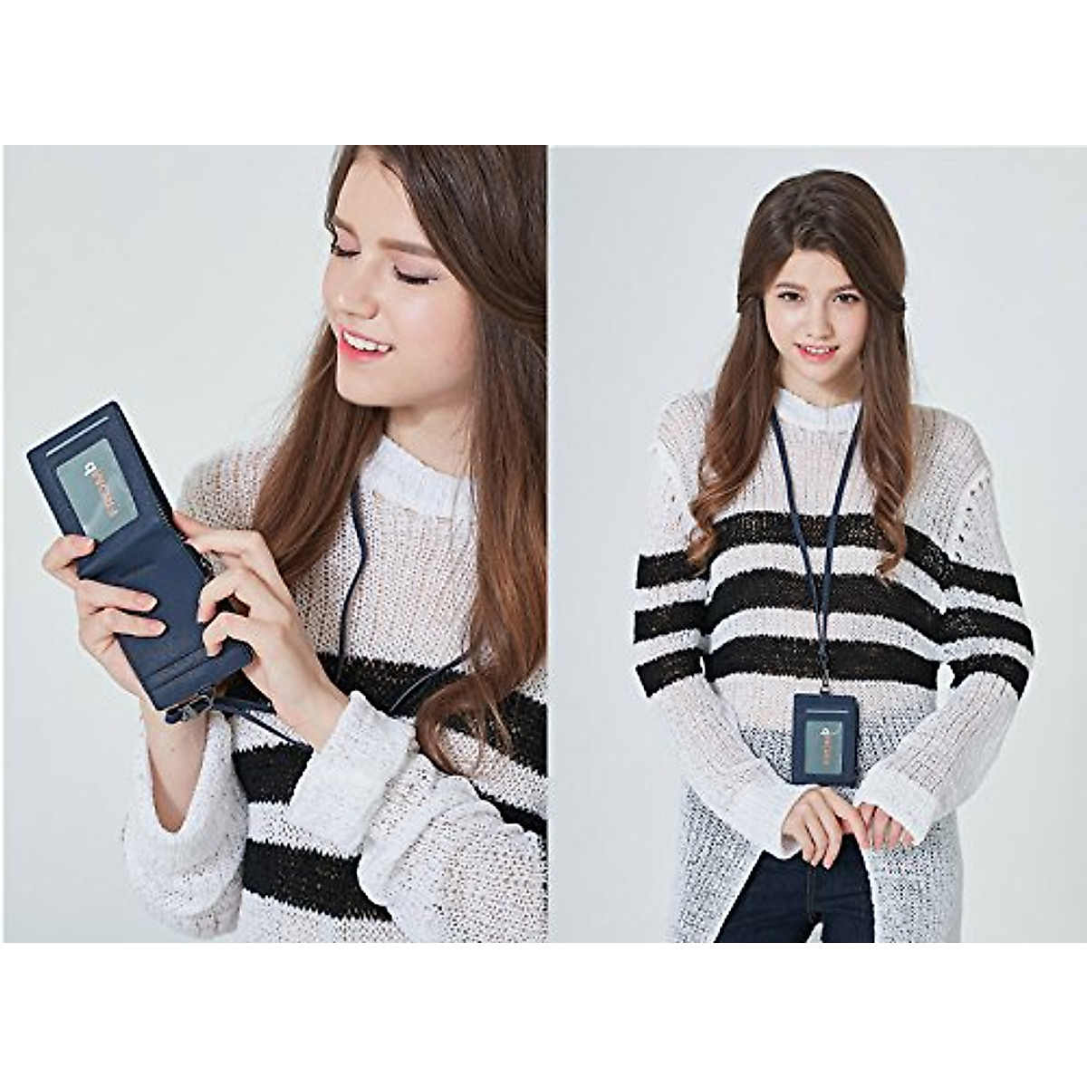 ID Window Card Badge Holder Leather Wallet Zip Neck Detachable Strap Landyard Money