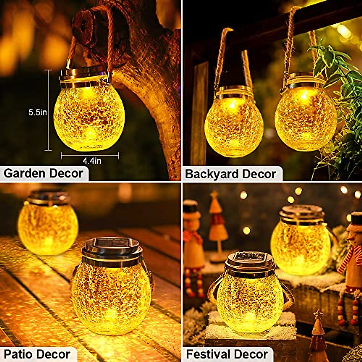 TonyEst Outdoor Solar Lantern, 2 Pack LED Amber Warm Hanging Lanterns Garden Solar Lights Decorative Crackle Glass Ball Waterproof, Solar Powered with 2 Optional Modes for Table Deck Yard Patio Decor