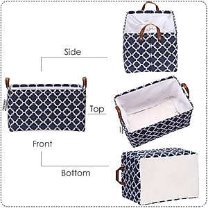 Sea Team Moroccan Lattice Pattern Canvas Fabric Storage Basket Collapsible Geometric Design Storage Bin with Drawstring Cover and PU Leather Handles, 16.5 by 11.8 inches, Waterproof Inner, Dark Blue