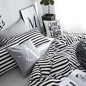 CLOTHKNOW Striped Queen Comforter Set 3Pcs Black White Bedding Comforter Sets Farmhouse Comforter Queen with 2 x Pillowcases