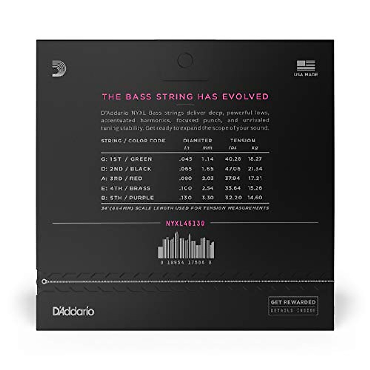 D'Addario Bass Guitar Strings - NYXL Bass Strings - NYXL45130 - Unrivaled Strength, Tuning Stability, Enhanced Response - For 5 String Bass Guitars - 45-130 Regular Light 5-String, Long Scale