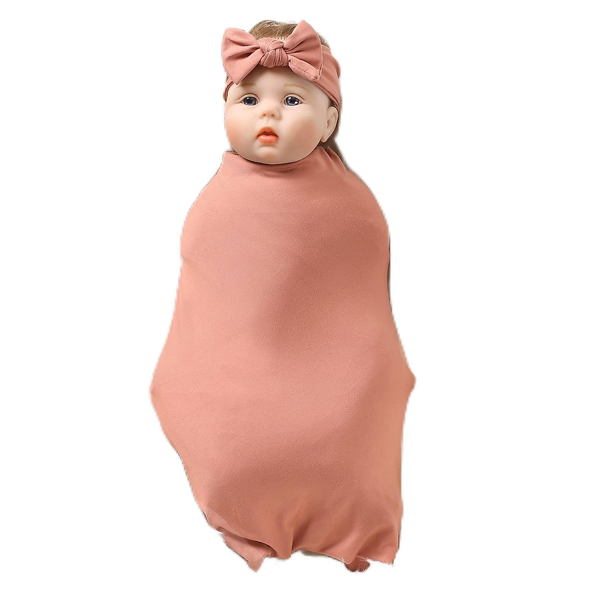 Bayceen Stretchy Swaddle Blanket for Newborns Baby Girl Swaddle and Headband Set Receiving Blanket 35 x 35 inches Swaddle Set (Blush)