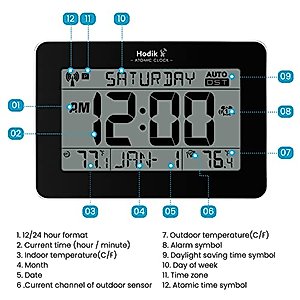 HODIK Atomic Clock with Indoor Outdoor Temperature Wireless, Large 11.4 Inch LCD Display for Easy Reading, Self-Setting Battery Powered Table Clock or Wall Clock with High Precision Sensor