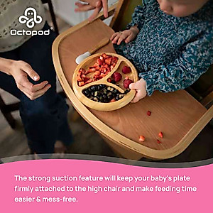 Abiie Octopod Bamboo Dish - Kids Plates for 4 months and up, 3-Compartment Baby Plates with Suction, Triangle Bamboo Baby Plate, Mess-Free Toddler Suction Plates, Baby Feeding Supplies, 8.3x1.9x7.7 in
