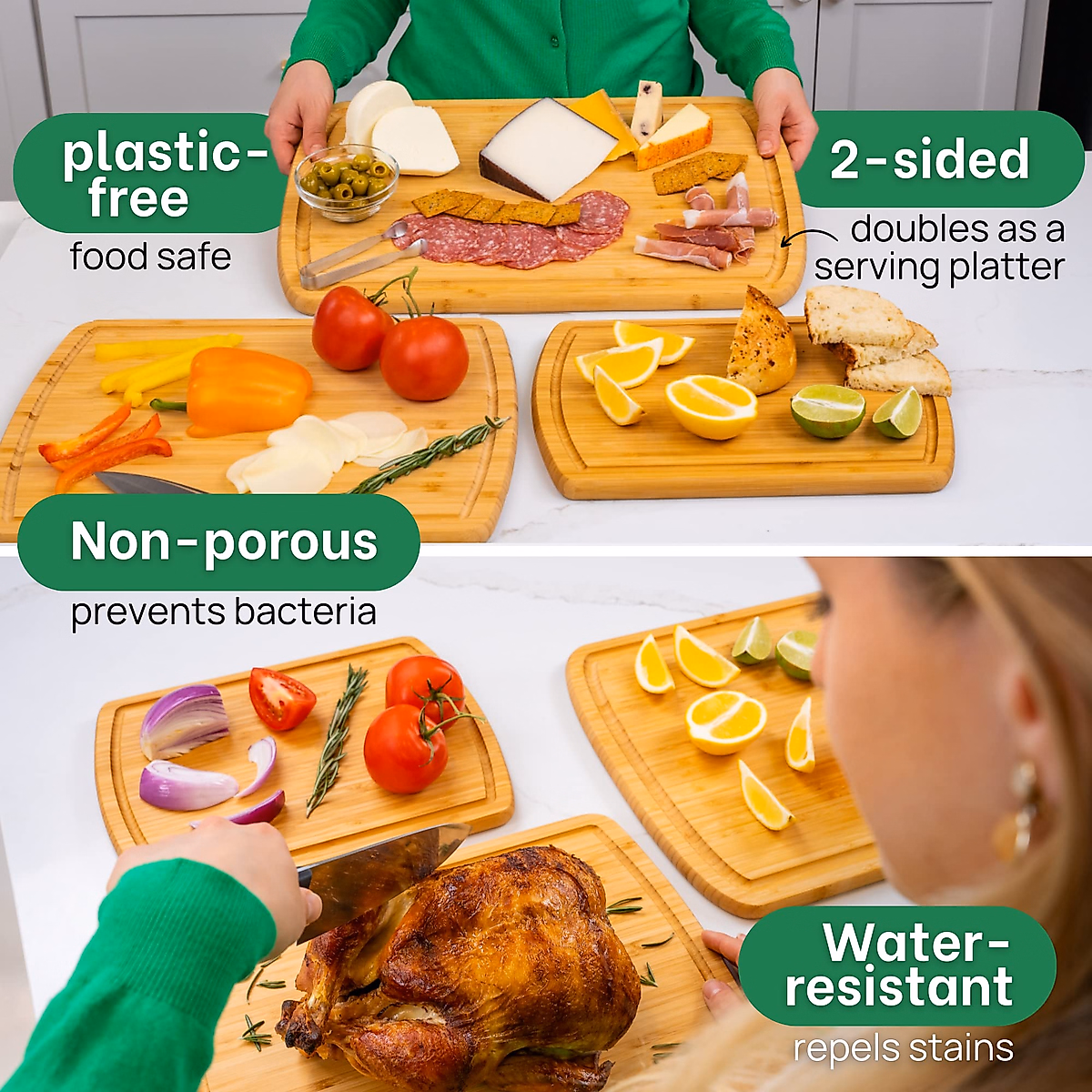 Organic Bamboo Cutting Board Set of 3 with Lifetime Replacements - Wood Cutting Board Set with Juice Groove - Wooden Chopping board Set for Kitchen, Meat and Cheese - Single Tone