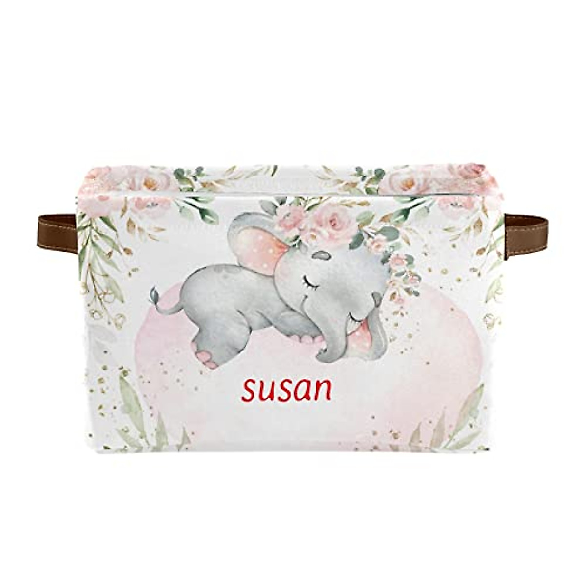 Personalized Pink Flower Elephant Storage Basket Bin with Name Large Storage Cube Box with Handles for Home Office Bedroom Closet Shelves(1 Pack)