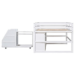 MOEO Full Size Functional Loft Bed with Cabinet, 3 Drawers and Hanging Clothes at The Back of The Staircase, Wooden Bedframe w/Movable Wheels, Maximum Space Design for Kids Bedroom, White