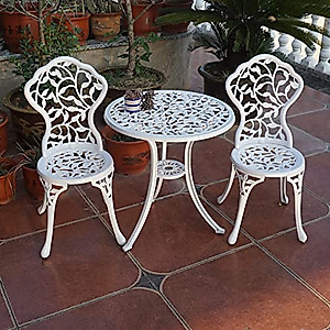 KAI LI Patio Bistro Sets 3 Piece cast Aluminum Patio Furniture Outdoor Garden Metal Rust Proof Tables and Chairs White bisrto Set (Leaf-White)