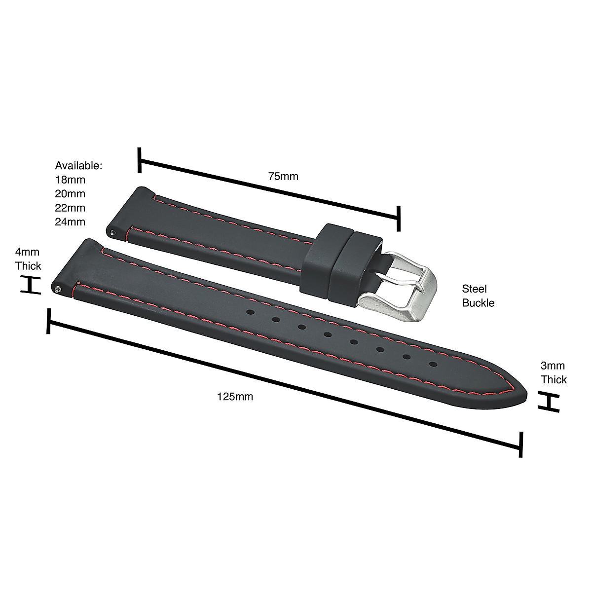 STUNNING SELECTION ALPINE Smooth and sporty silicone stitched watch band with quick release spring bars- Black with red stitching - 22mm (fits wrist sizes 6 1/4 to 8 inch)