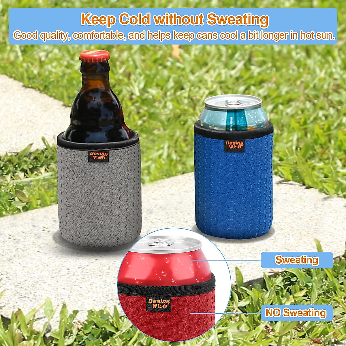 Desing Wish 12oz Standard Can Cooler Sleeve Holder Honeycomb Embossing Soda Can Cooler Insulated Sleeves Covers Non-slip Neoprene Drink Can/Bottle Holder 6 Pack (Black/Red/Blue/Orange/Green/Grey)