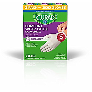 Curad Comfort Wear Latex, Vinyl Exam Gloves, Small (Pack of 300)