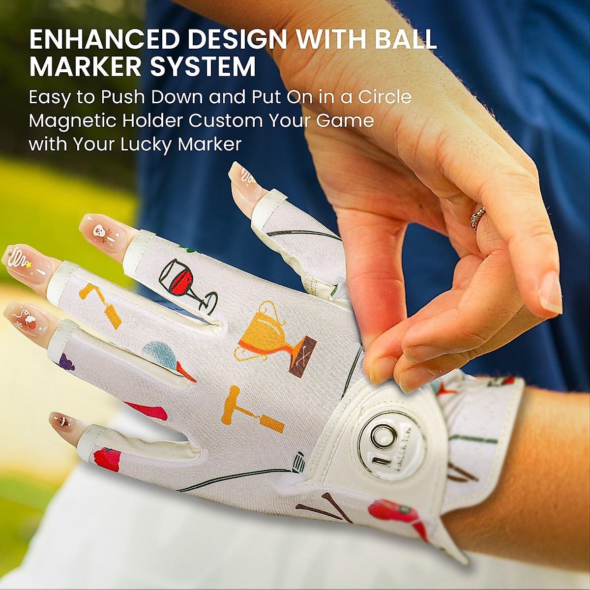 FINGER TEN Golf Gloves Women Left Right Hand Leather with Ball Marker Value Pack, Colored Glove for Ladies Right Left Handed Golfer All Weather Grip (Half-Golf Party, Large, Left)