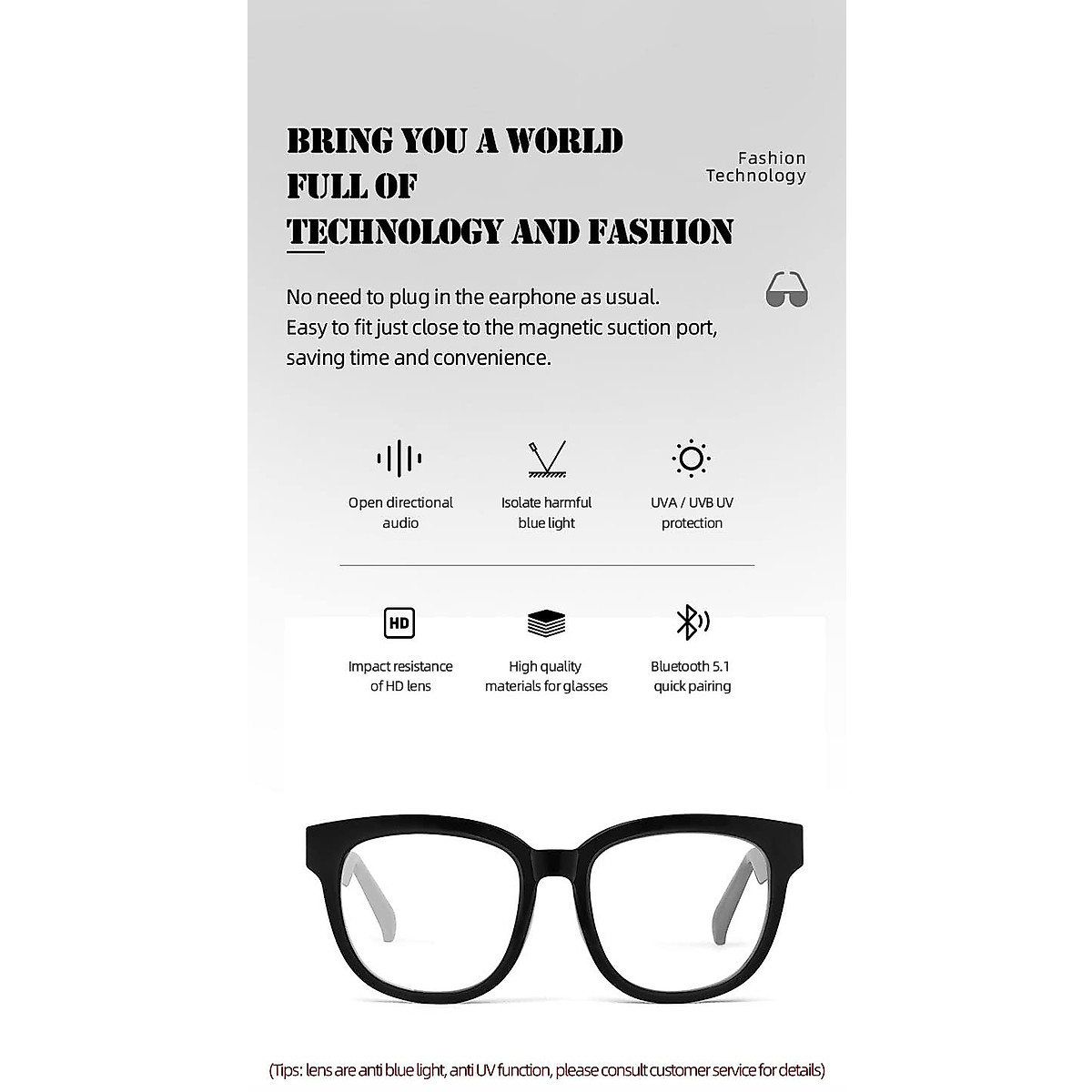 Smart Music Call Glasses Waterproof and Dustproof Anti -Blue Light Navigation Intelligent Voice Siri Awakening Sunglasses ABS Frame Personalized Headset (Round-Sunglasses)