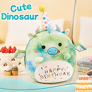 BSTAOFY 15'' Cute Happy Birthday Dinosaur Soft Plush Pillow Green Dinosaur Birthday Stuffed Animal Gifts for Boys Girls Baby Kids