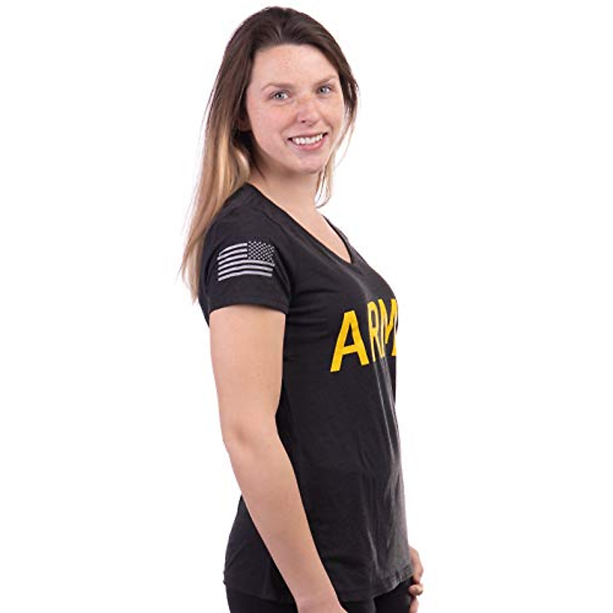 Army Women's V-Neck | U.S. Military Infantry Sleeve Flag Female Soldier T-Shirt Wife Mom Top, Black-(VneckBLK,L)