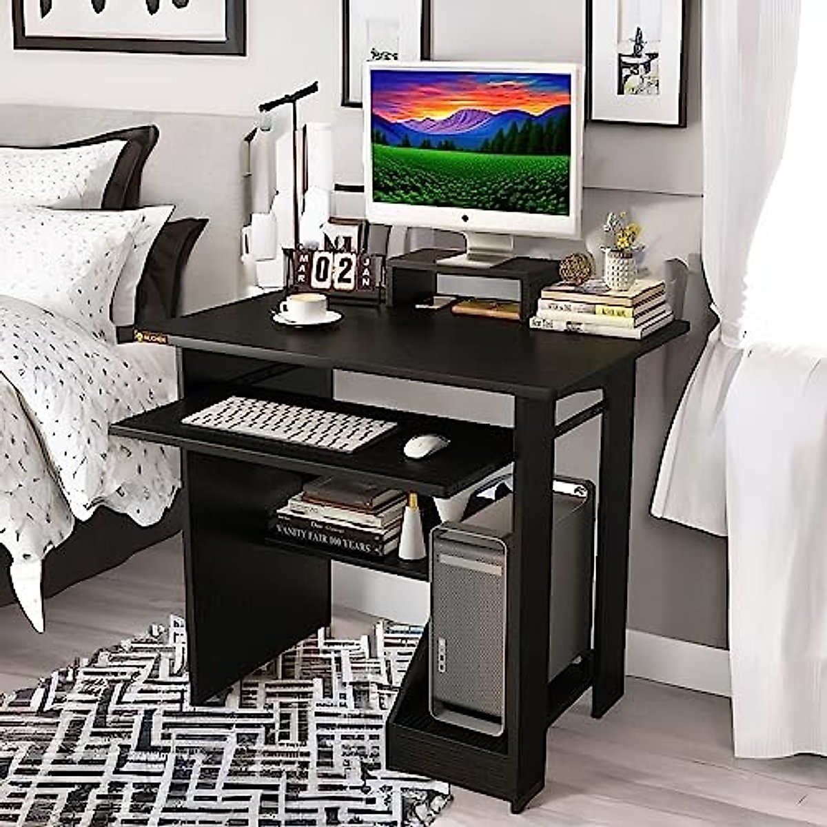 ALISENED Home Office Computer Desk with Monitor Stand Keyboard Tray, 29.5 Inch Study Writing Desk Small PC Laptop Table with Storage Shelves, Modern Workstation for Small Spaces Save Space
