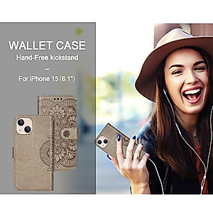 Ateeky iPhone 15 Wallet Case,[Stand Feature] Protective PU Leather Flip Cover with Credit Card Slot [Magnetic Closure] for iPhone 15 (Gray)