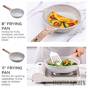 Country Kitchen Nonstick Induction Cookware Sets - 8 Piece Nonstick Cast Aluminum Pots and Pans with BAKELITE Handles - Non-Toxic Pots and Pans- Speckled Cream with Light Wood Handles