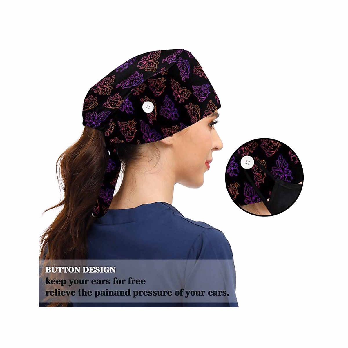 ZDZDY 2Pcs Fashion Working Caps with Buttons Adjustable Sweatband Tie Back Working Hats for Women Men(Dragonfly-Butterfly)