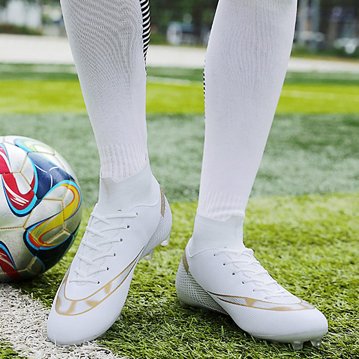 Men's Football Cleats with High-Top Non-Slip Spikes Ankle Supports Indoor Outdoor Firm Ground Soccer Shoes White EU 42 US 9