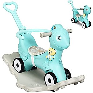 Costzon 4 in 1 Baby Rocking Horse, Ride on Push Car, Push and Ride Racer w/Music, Safety Bar, Parental Handle, Cushion, Kids Sliding Cart Rocker for 3–5 Year Old, Toddler Boys & Girls Gift Toy, Green