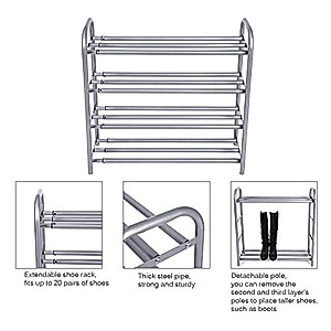 GEMITTO Shoe Rack Organizer for Closet Entryway, 4 Tiers Adjustable Heavy Duty Metal Shoe Storage Shelf, Large Enough for 20+ Pairs of Shoes (23.6"~41.7"x8.9"x24.2")(Silver)