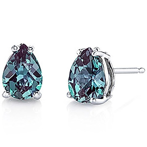 Peora Created Alexandrite Earrings for Women 14K White Gold, Classic Solitaire Teardrop Studs, Color-Changing Pear Shape 7x5mm, 1.75 Carats total, Friction Back