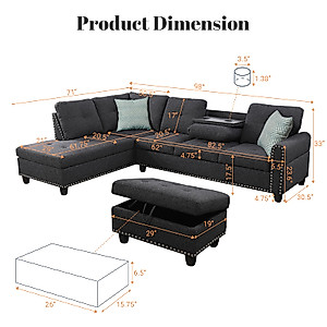 Rovibek L Shaped Sectional Couch with Ottoman and Pillows, 2 Cup Holders Design Living Room Sofa Set for Apartment, Office
