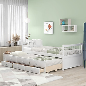Harper & Bright Designs Twin Captain’s Bed with Trundle and Drawers, Wooden Daybed with Storage Twin Platform Bed Frame for Kids Guests (Twin Size, White), HJH-LP241AAK