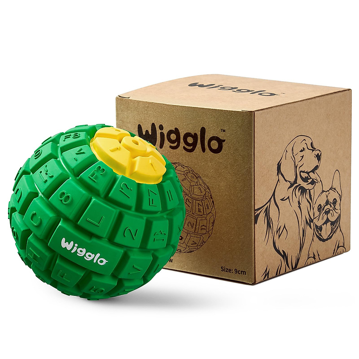 Wigglo Tough Durable Dog Ball Toy for Aggressive Chewers, Natural Rubber Dog Toy for Medium/Large Dogs, 3.5" Diameter Dog Ball Chew Toy Helps with Dog Separation Anxiety Boring, Dishwasher Safe, Green