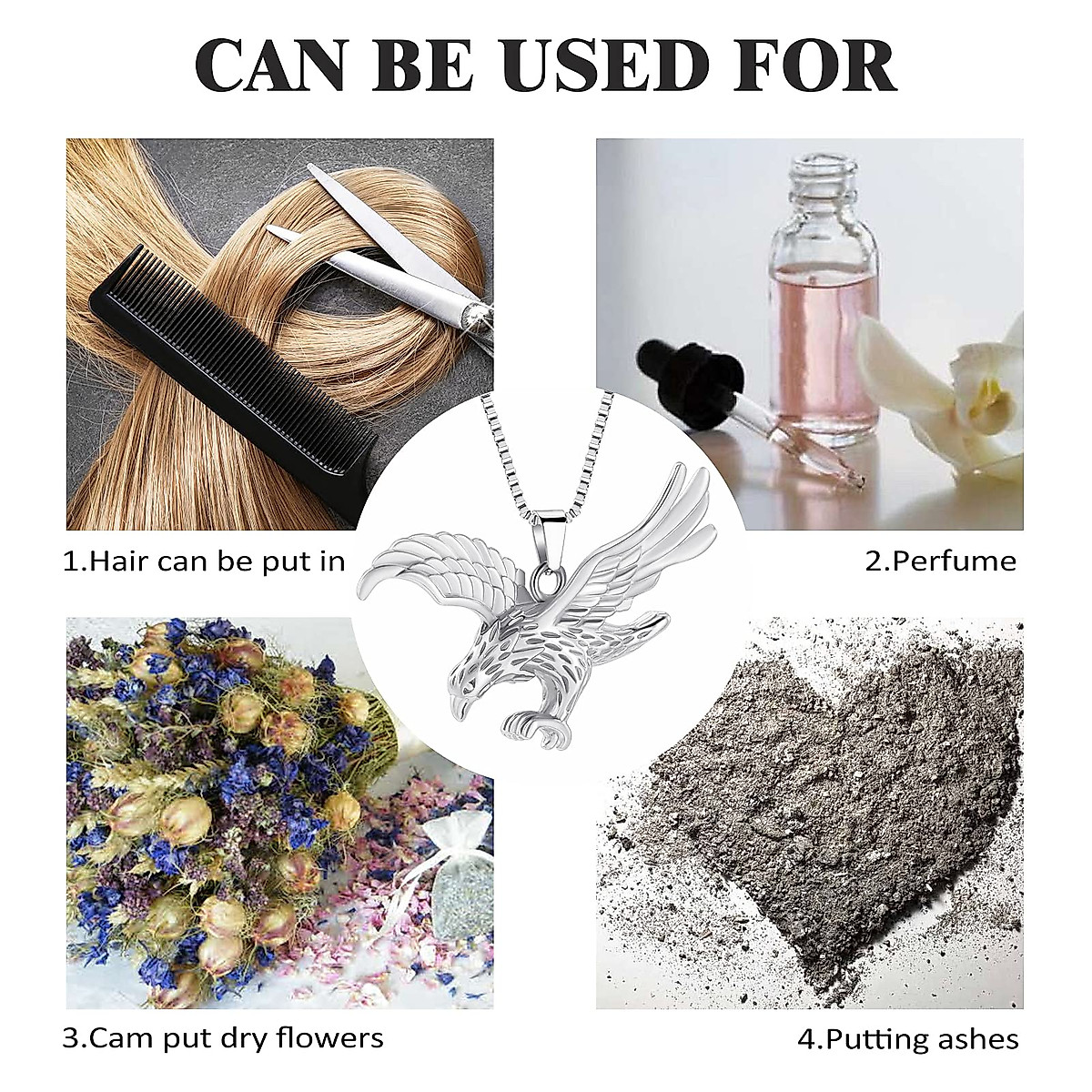 XSMZB Eagle Urn Necklace for Ashes of Loved Ones Keepsake Ash Holder for Pet Human Memorial Cremation Jewelry for Ashes for Men Women (Silver)